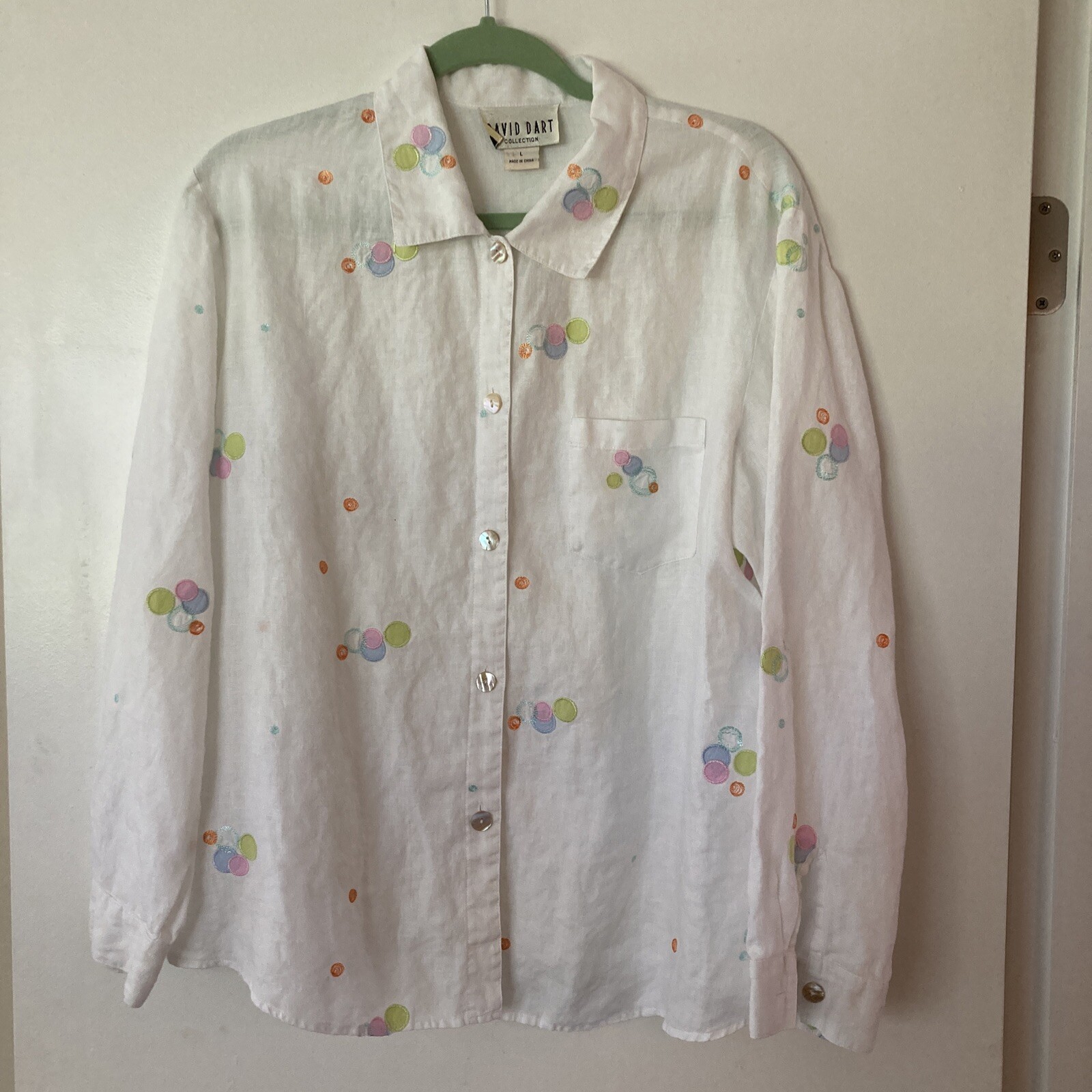 Vintage David Dart White Linen Embroidered Button Dow… - Gem