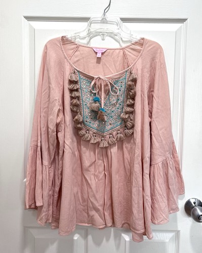 LILLY PULITZER Shandi Top Size XL Sandstone Peach Tassel Bell Sleeve Embroidered | eBay