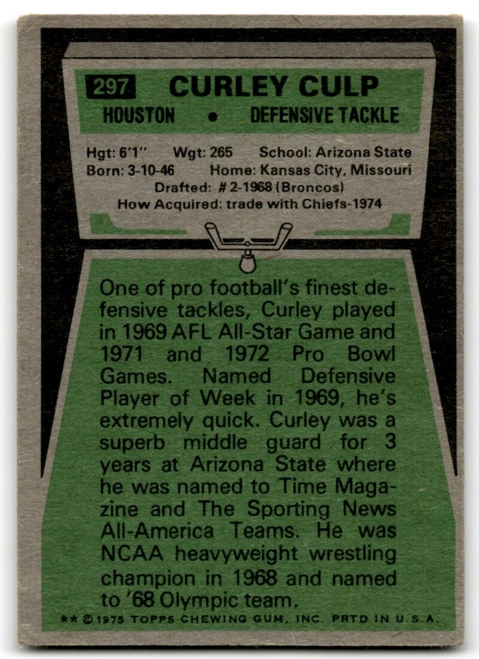 1975 TOPPS CURLEY CULP HOUSTON OILERS #297 | eBay