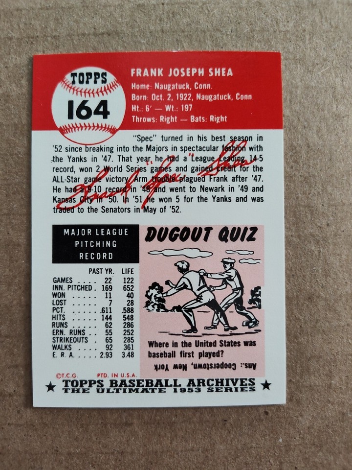 FRANK SHEA Washington SENATORS 1953 TOPPS Archives BASEBALL CARD #164 ...