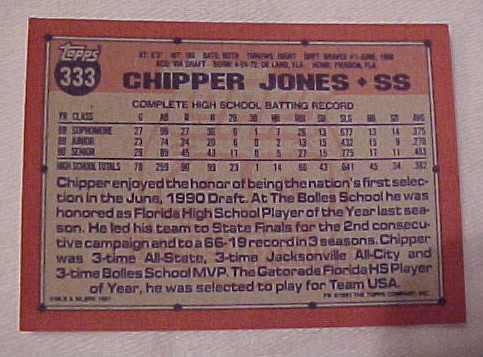CHIPPER JONES SS TOPPS 1991 DRAFT PICK BASEBALL CARD | eBay