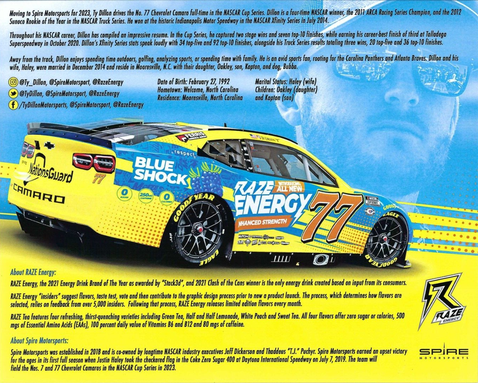 2023 TY DILLON "RAZE ENERGY BLUE SHOCK" SPIRE MOTORSPORTS #77 NASCAR ...