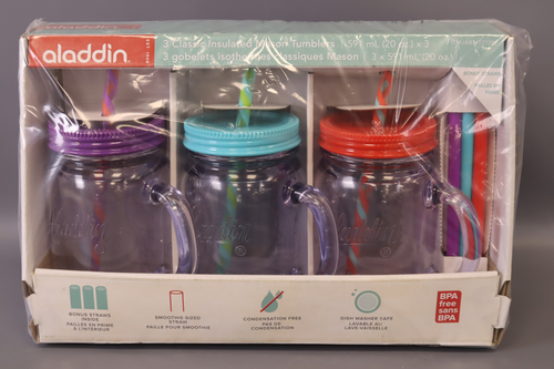 Aladdin 3 Classic Mason Jar Tumblers w/Straws & Lids Green Blue Pink 20 ...