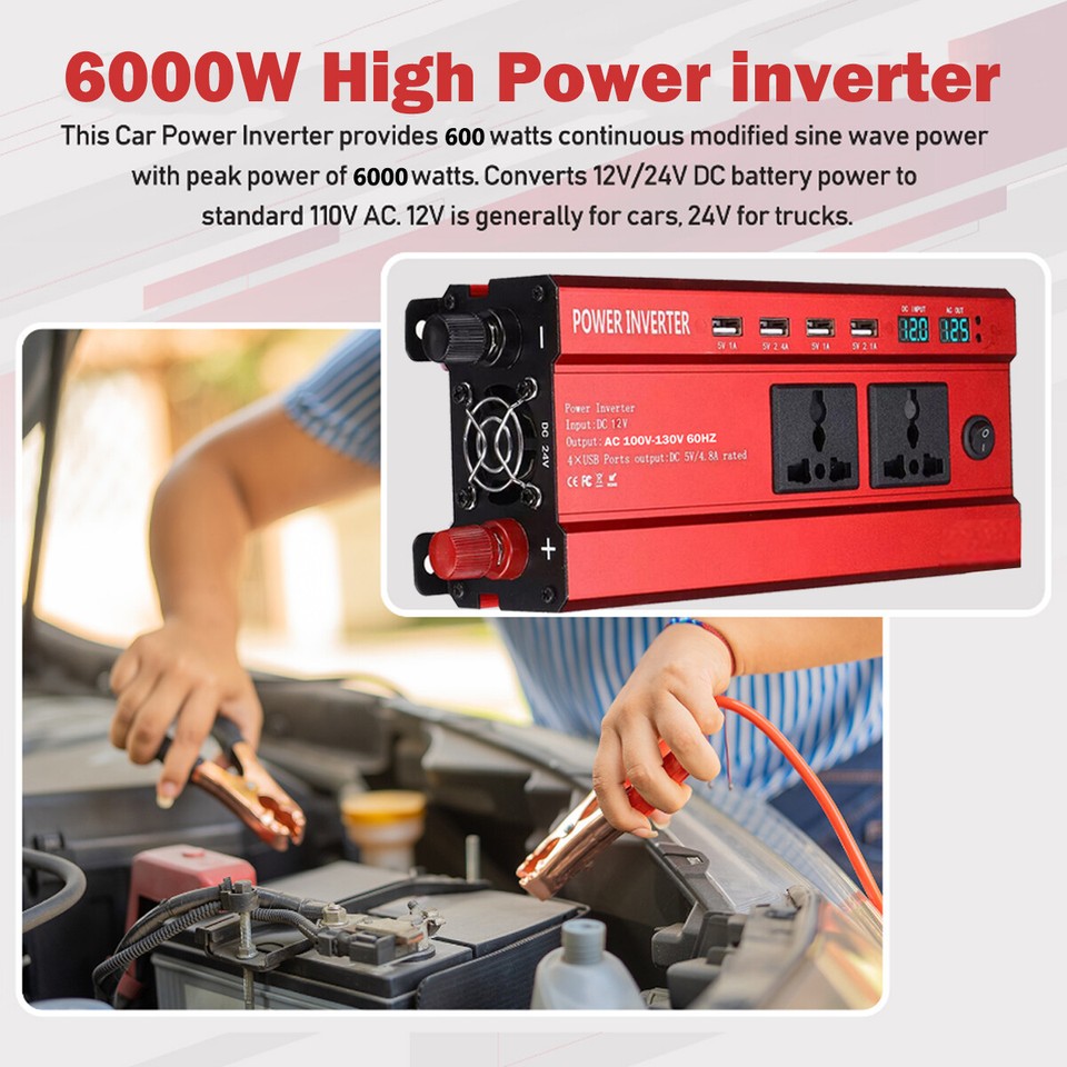 Car Power Inverter 6000W DC 12V To AC 110V Pure Sine Wave Solar ...