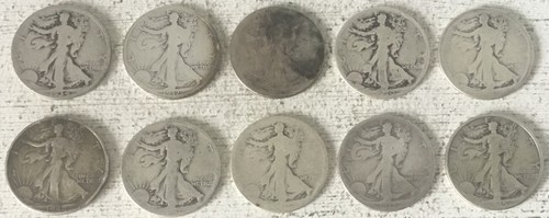 10 Coin Walking Liberty Half Dollar Lot 90% Silver Cull Slick $5 FV 1/2 ...
