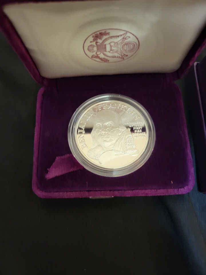 1993-P Ben Franklin Firefighters 1 Oz Silver Proof Medal with Box & COA ...