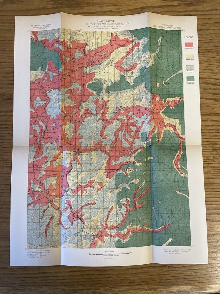 Vintage USGS Roseburg Quadrangle Oregon Topographic & Land Map 1895 1: ...