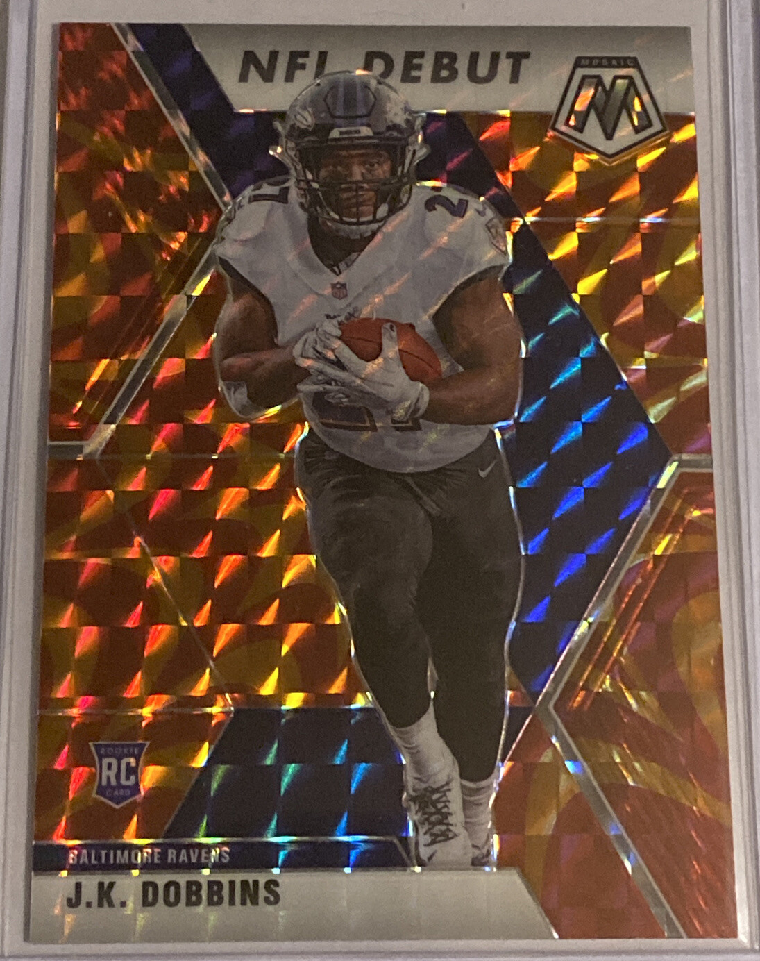 2020 Mosaic NFL Debut Orange Reactive Prizm JK Dobbins Baltimore Ravens ...