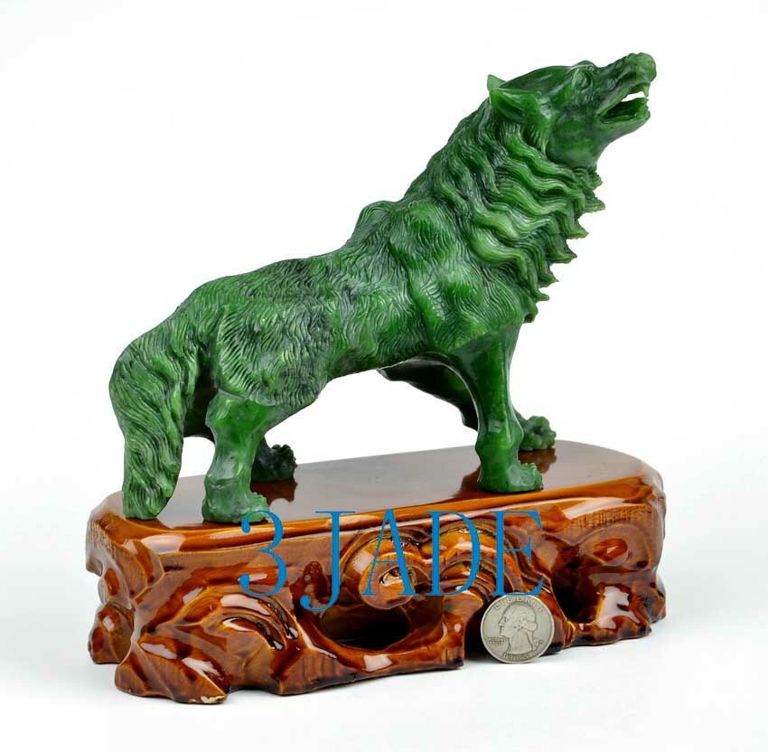 Green Nephrite Jade Wolf / Coyote Statue Detailed Carved Gemstone Wild ...