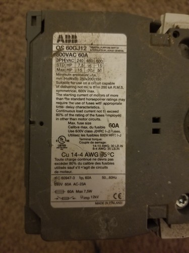 ABB OS60GJ12 Fusible Disconnect 60A 3P 600Vac #1E-2371-B6 | eBay