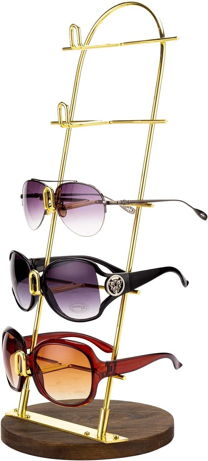Modern 5-Tier Gold Metal Sunglasses Display Stand with Brown Wood Base ...