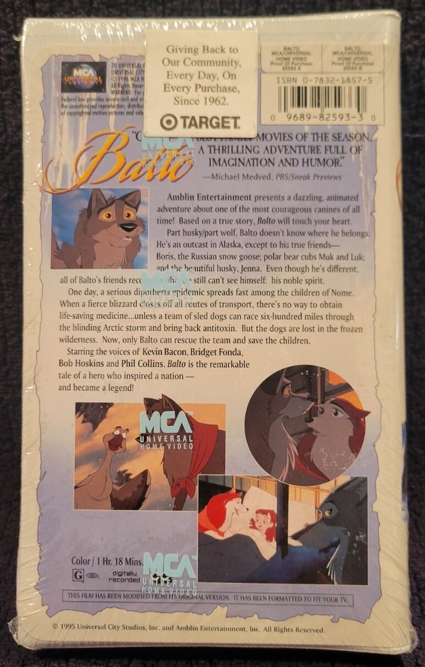 New Sealed - 1995 Balto VHS Tape MCA Universal Home Video Watermark ...