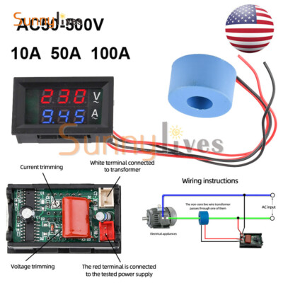 10/50/100A Voltmeter Current Voltage Amp Meter Hall Effect Sensor AC 50 ...