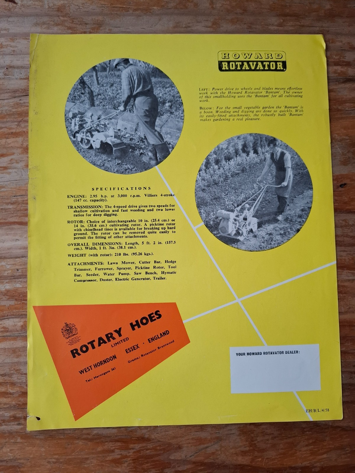 HOWARD BANTAM ROTAVATOR SALES BROCHURE WITH VILLIERS ENGINE ROTOVATOR ...