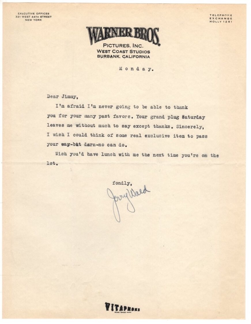 Warner Bros-Vitaphone Producer JERRY WALD Signed Letter to Columnist ...