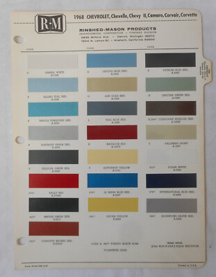1968 CHEVROLET R-M COLOR PAINT CHIP CHART ALL MODELS ORIGINAL GM | eBay
