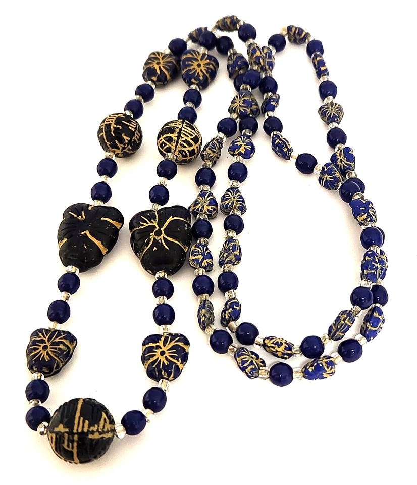Antique 1920's Max Neiger Long Deep Blue Beige Glass Bead Necklace 32 ...