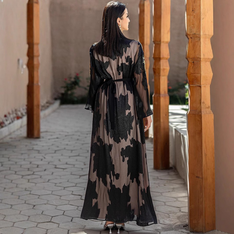 Elegant Women Open Kaftan Long Dess Set Embroidery Kimono Abaya Muslim ...