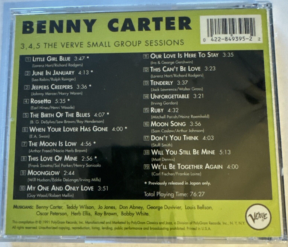 CD BENNY CARTER-3-4-5 NEW VERVE SMALL GROUP SESSIONS VERVE JAZZ ALTO ...