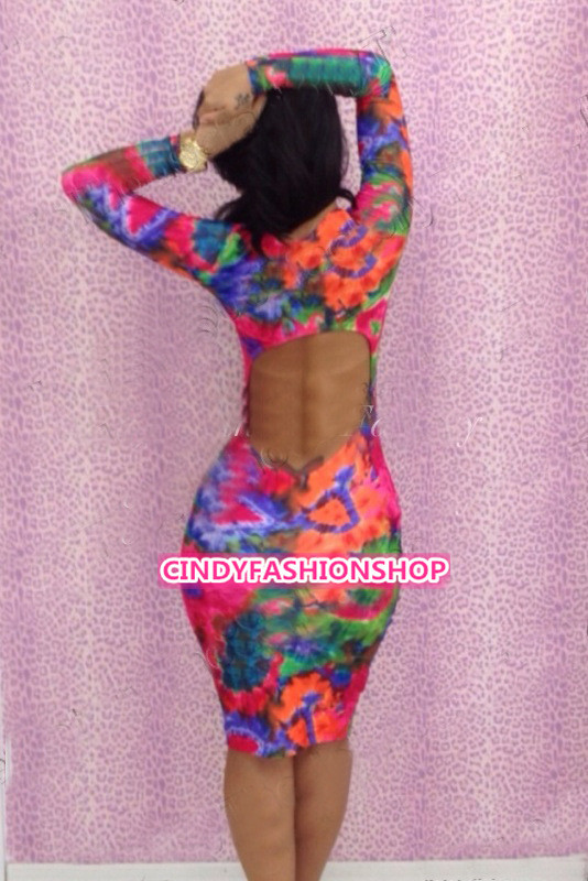 Abstract pattern Sexy Womens Clubwear Deep V Cut Out Back Bodycon ...
