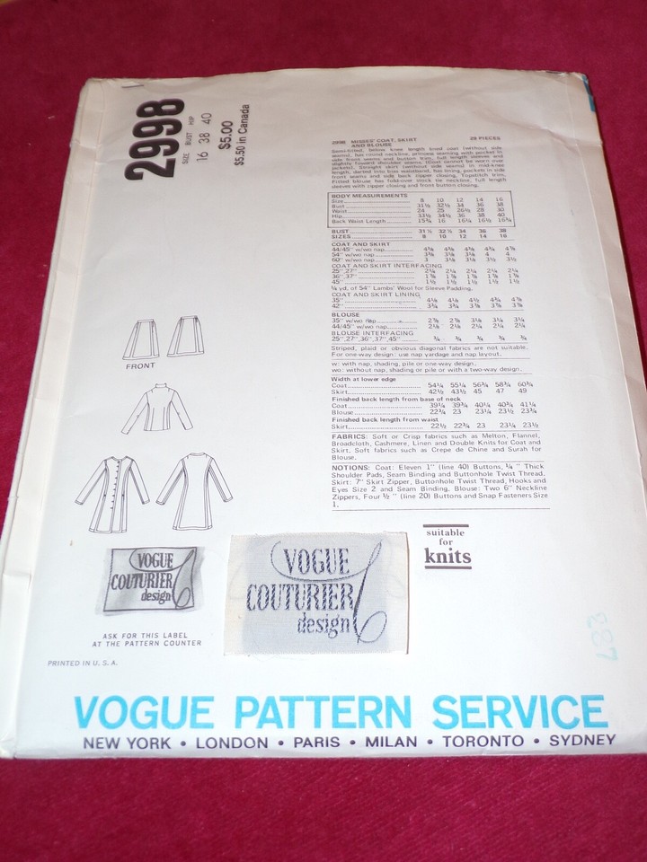 🌺 1974 VOGUE COUTURIER DESIGN #2998-SYBIL CONNOLLY-LADIES PATTERN w ...