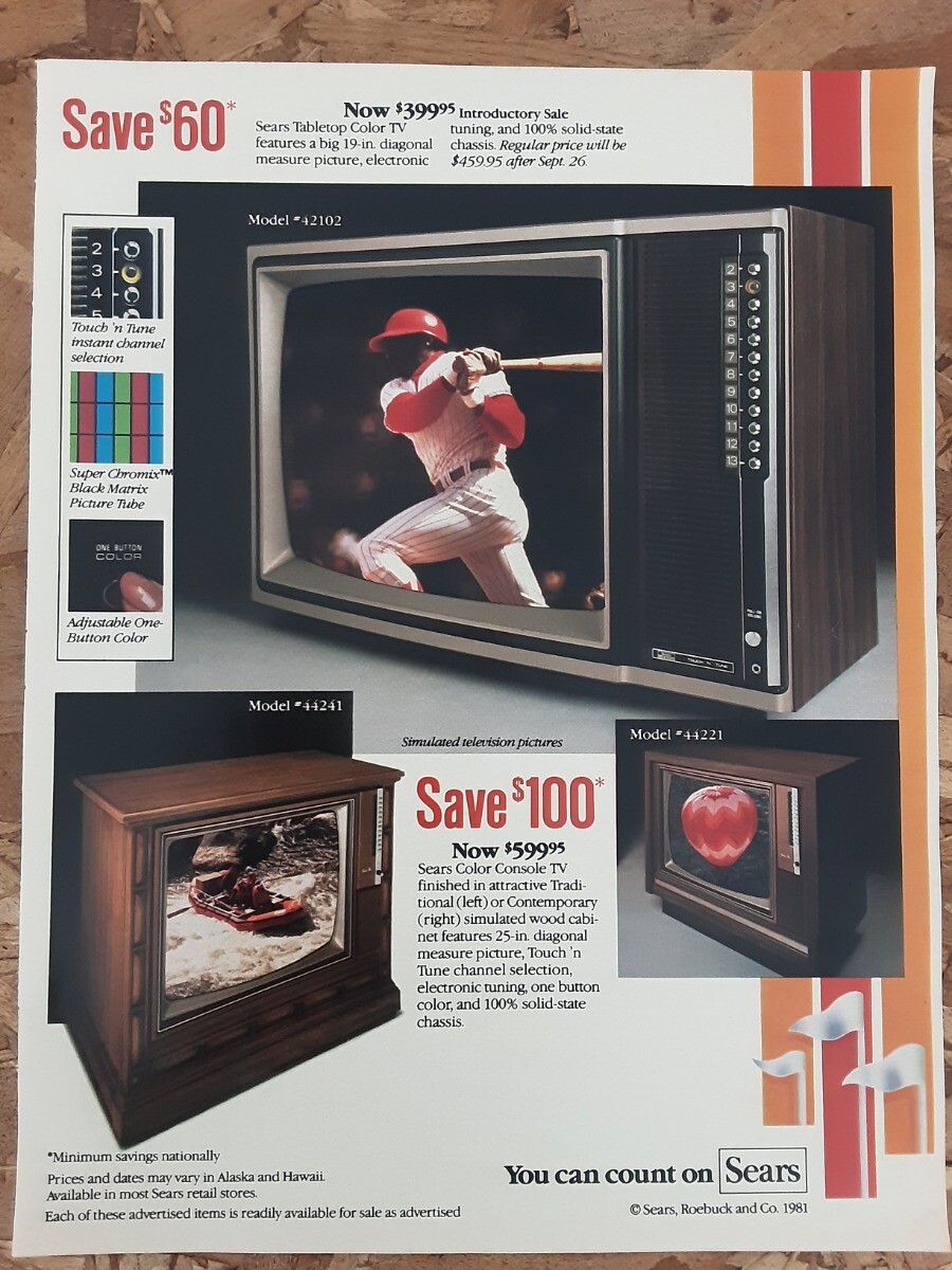 Vintage Ad 1981 Art Picture Sears Color TV's Wood Grain Floor Models | eBay