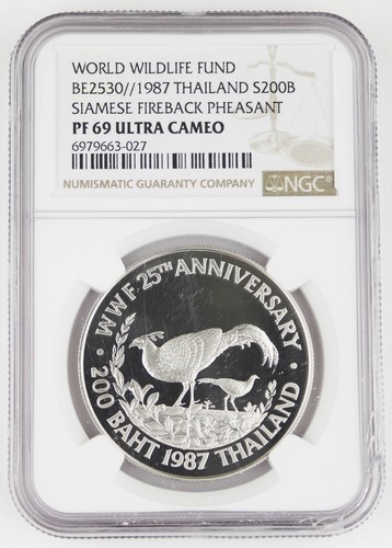 Thailand 1987 200 Baht WWF Siamese Fireback Pheasant Proof Silver Coin ...