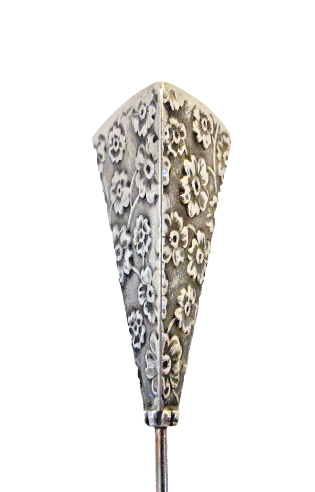 Antique Hatpin Large Sterling Silver Inverted Pyramid Embossed Flowers ...