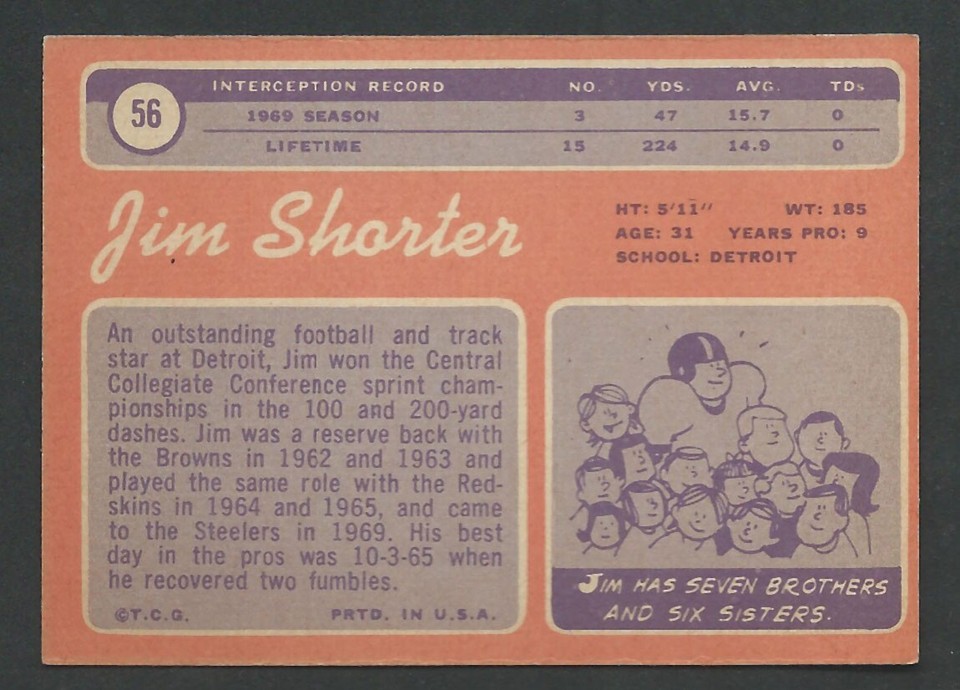 1970 Topps #56 JIM SHORTER Pittsburgh Steelers ROOKIE - vgex 02 | eBay