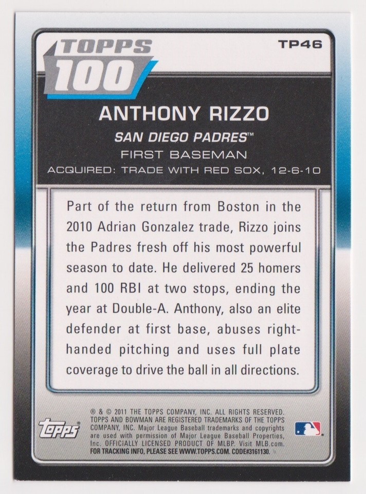 ANTHONY RIZZO 2011 Bowman TOPPS 100 Baseball Rookie Card #TP46 NY ...