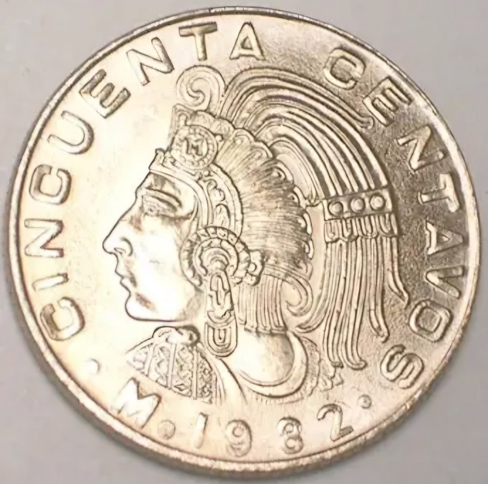 Mexico 70's 80's 50 CENTAVOS Coin Last Aztec Emperor Cuauhtemoc Mexican ...