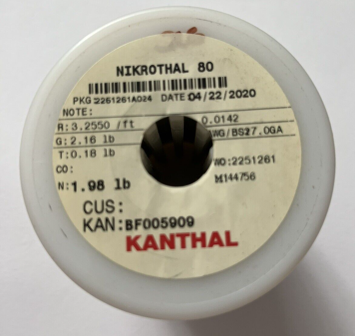 NEW KANTHAL NIKROTHAL 80 3.2550 FT RESISTANCE WIRE AWG/BS 27.0GA 1.98LB ...