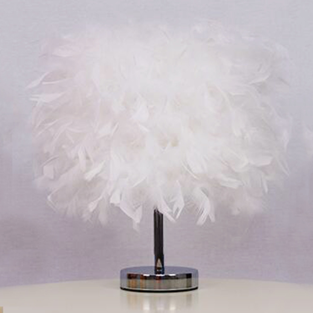 Feather Shade Table Lamp Metal Vintage Elegant Bedside Decor Desk Night ...