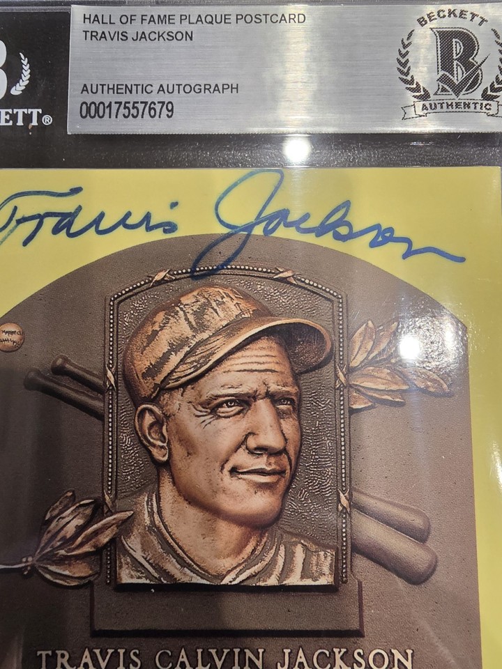Travis Jackson Signed Gold HOF Plaque Postcard Yellow Giants Autograph ...
