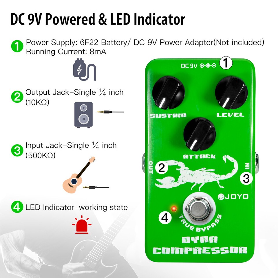 JOYO Dynamic Compressor Pedal Low Noise for Electric Guitar Bass True ...