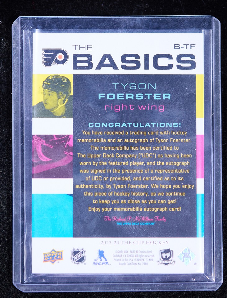 Tyson Foerster 2023-24 Upper Deck The Cup Hockey The Basics Auto Patch ...