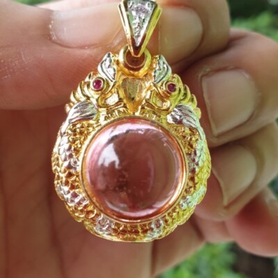 Amulet pink Naga Eye Gem Pendant Gold Micron Talisman Jewelry Thai ...