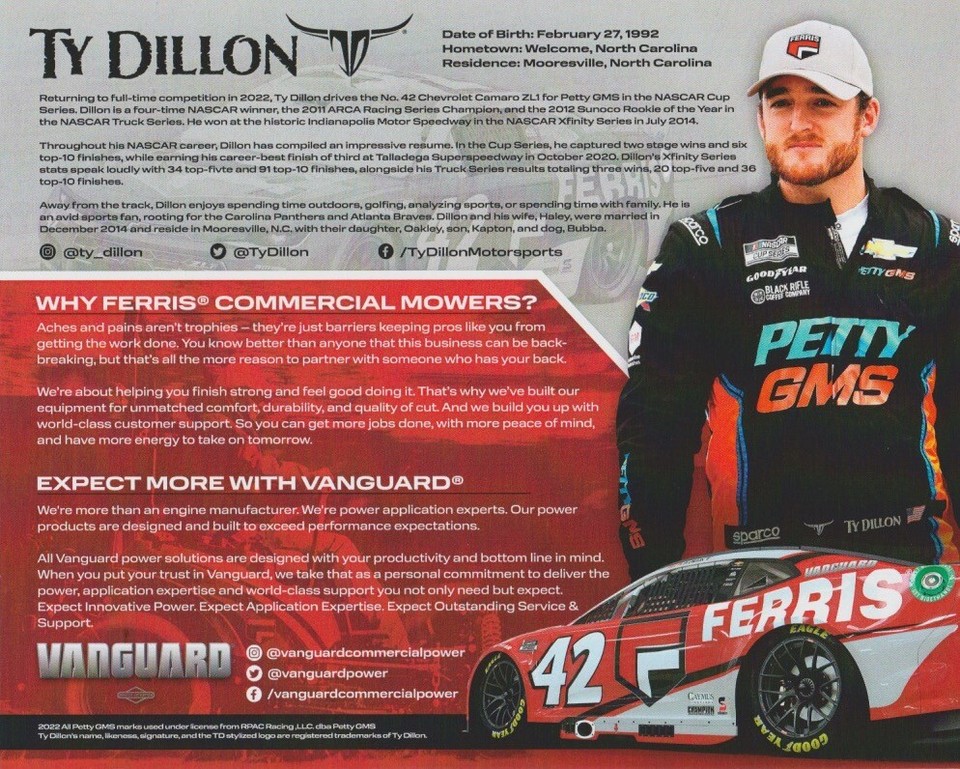 2022 Ty Dillon Ferris Chevy Camaro NASCAR Cup Hero Card | eBay