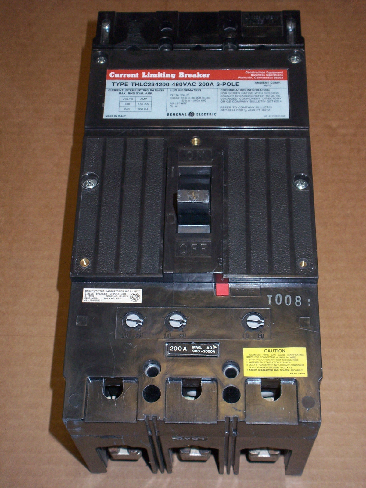 GE THLC 3 pole 200 amp THLC234200 Current Limiting Circuit Breaker No ...