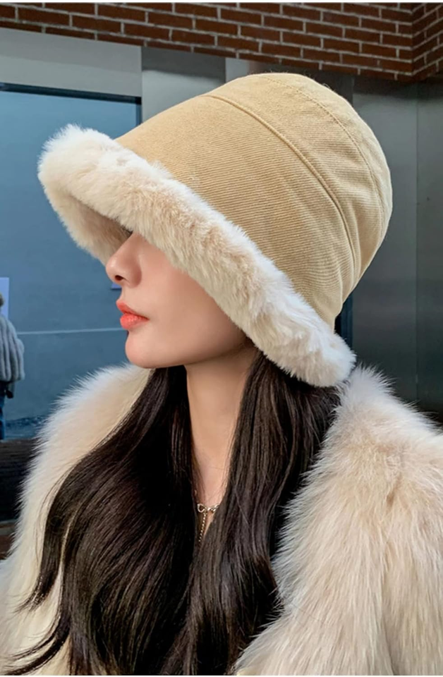 Women Winter Furry Bucket Hat Rolled Brim Faux Fur Cloche Hat with ...