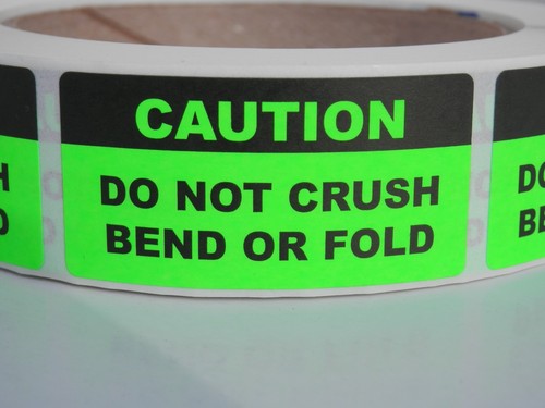 250 Stickers 1x2 Warning Label CAUTION DO NOT CRUSH BEND OR FOLD fluor ...