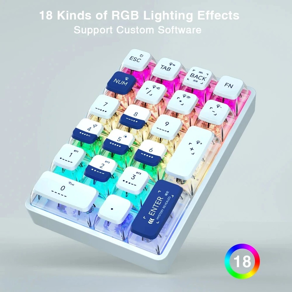 Mechanical Keypad Bluetooth Number Pad 21 Key Transparent Numpad Gaming ...