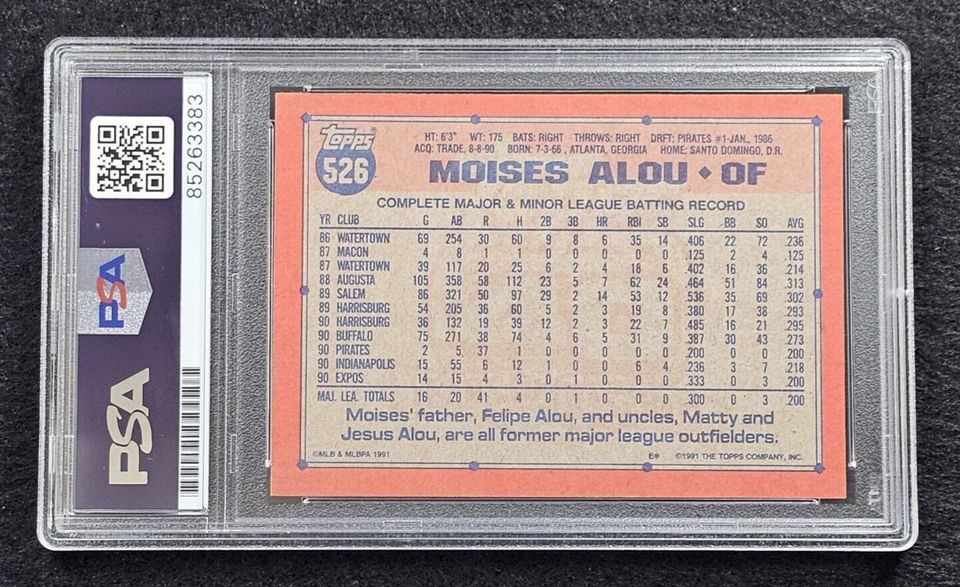 1991 MOISES ALOU Signed Topps ROOKIE Card-EXPOS-CUBS-ASTROS-PSA | eBay