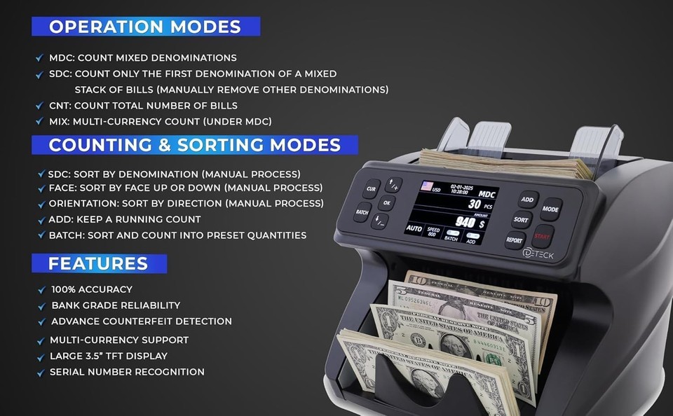 DETECK DT600 Bank Grade Money Counter Machine Mixed Denomination Value ...