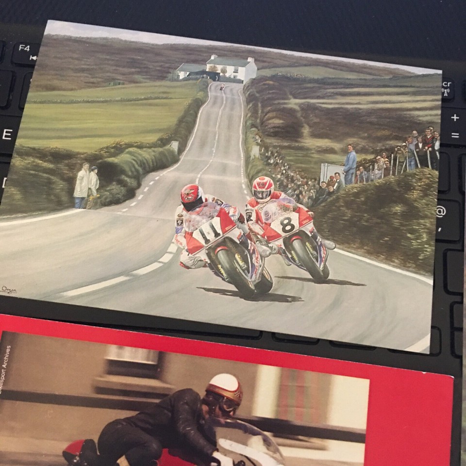 ISLE OF MAN TT 3 POSTCARDS MIKE HALEWOOD, JOEY DUNLOP & STEVE HISLOP AS ...