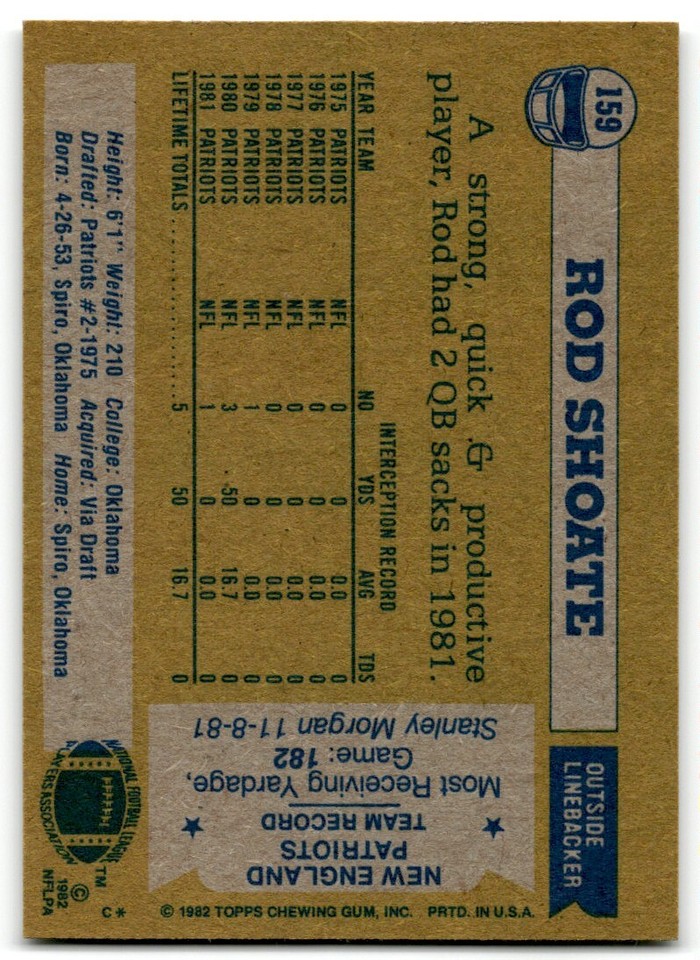 1982 Topps Rod Shoate Rookie New England Patriots #159 | eBay