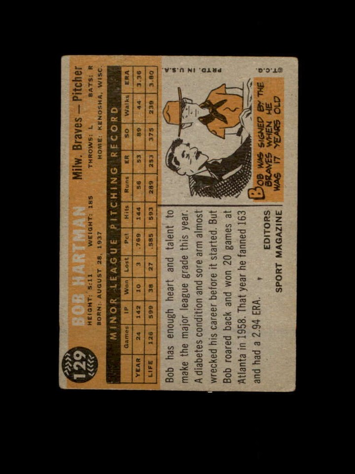 1960 Topps Baseball #129 Bob Hartman RS STARX 2.5 G/VG (LS809281) | eBay