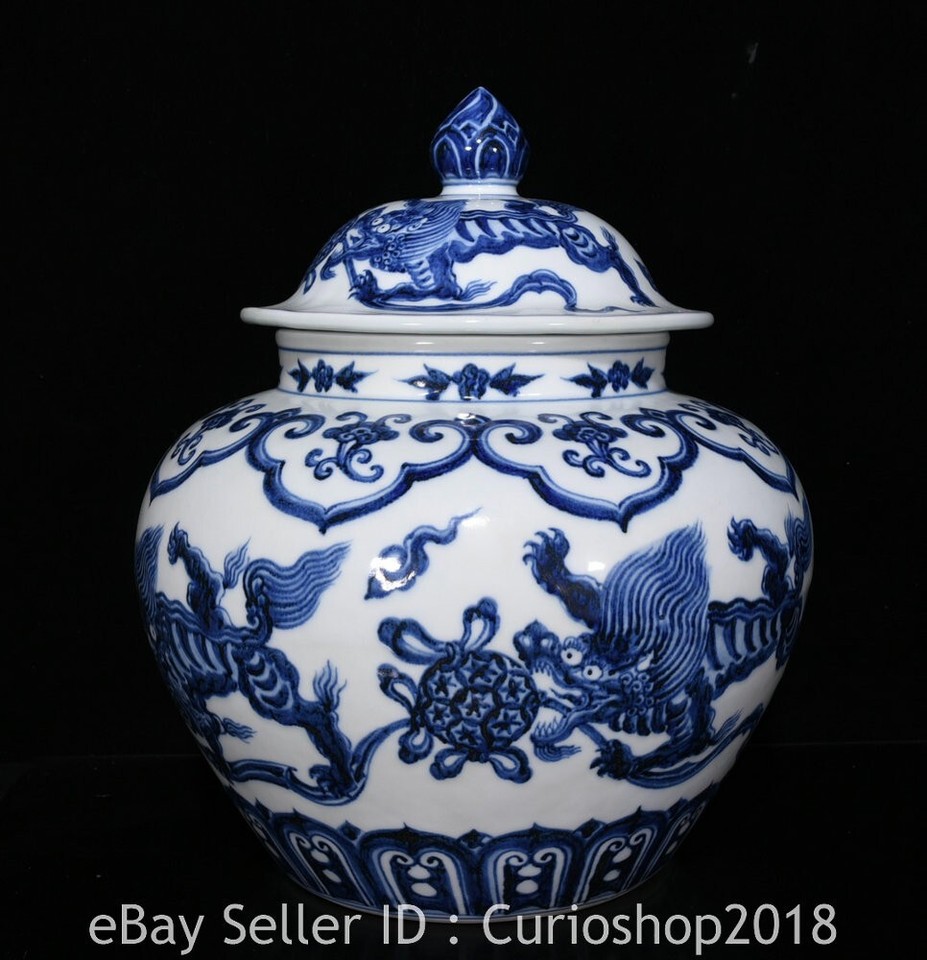 16.4" Ming Xuande Chinese Blue White Porcelain Lion Beast Cover Jar Pot ...