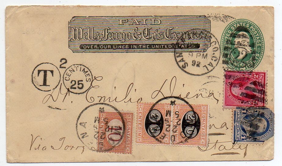 1892 USA TO ITALY WELLS FARGO TAXED COVER, SCARCE POSTAGE DUE STAMPS ...