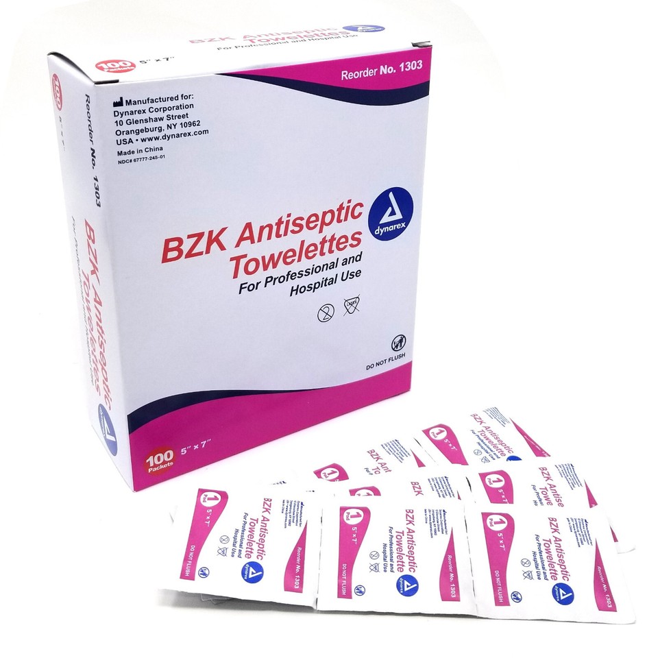 Dynarex BZK Antiseptic Washcloth Wipe Towelettes 5 x 7" 1303 1 Pack 100 ...